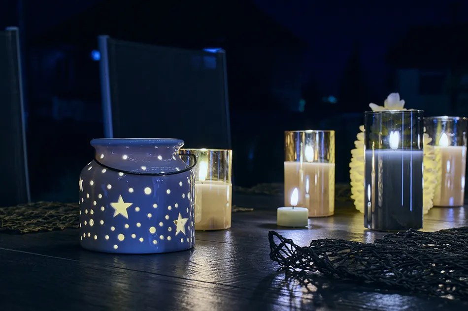 LED svíčka ve skle na baterie, Ø 7,5 × 10 cm, šedá, 2× AA