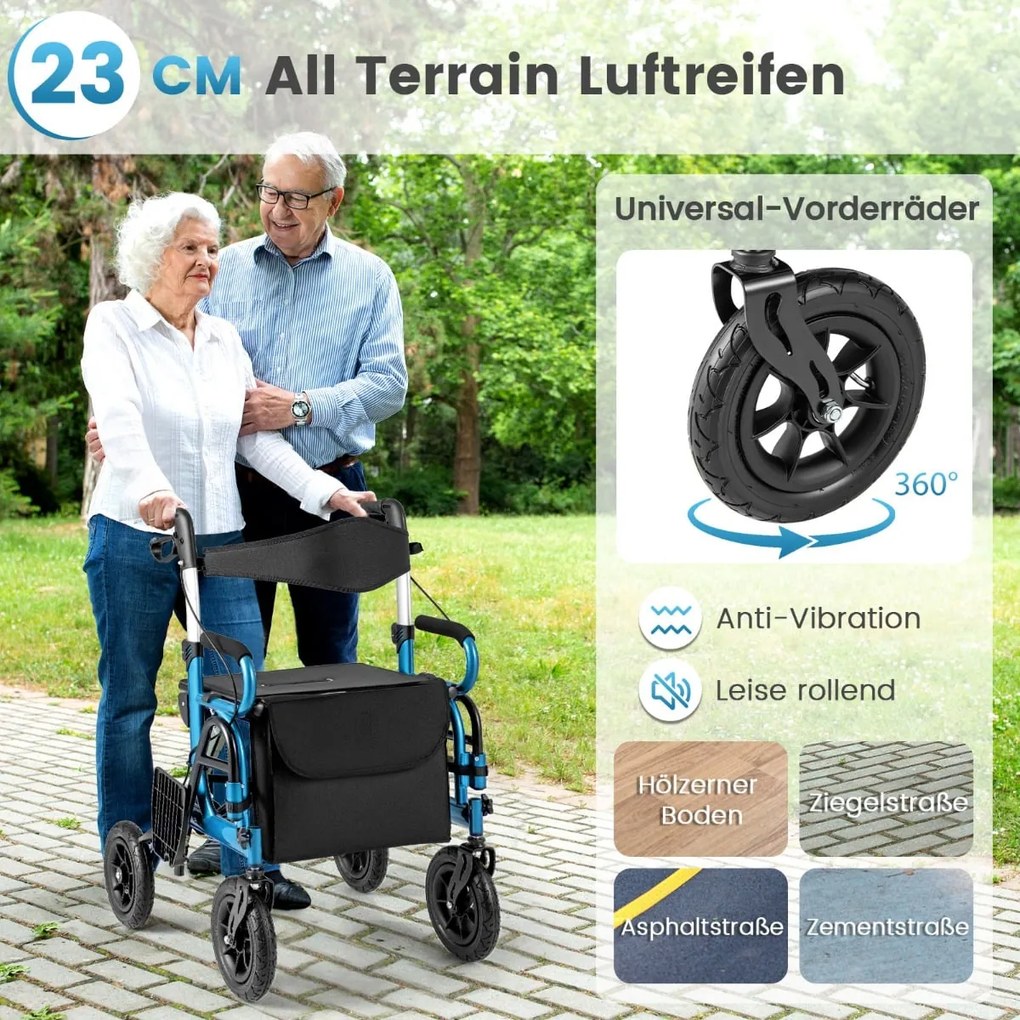 Costway Rollator s pneumatikami, skládací a lehký se sedadlem 2 v 1 invalidním