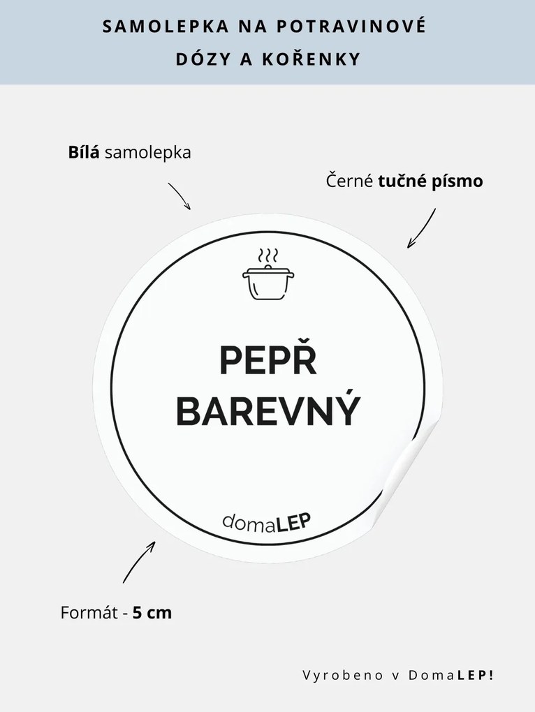 Samolepka na kořenky PEPŘ BAREVNÝ bílá 5 cm tučné písmo