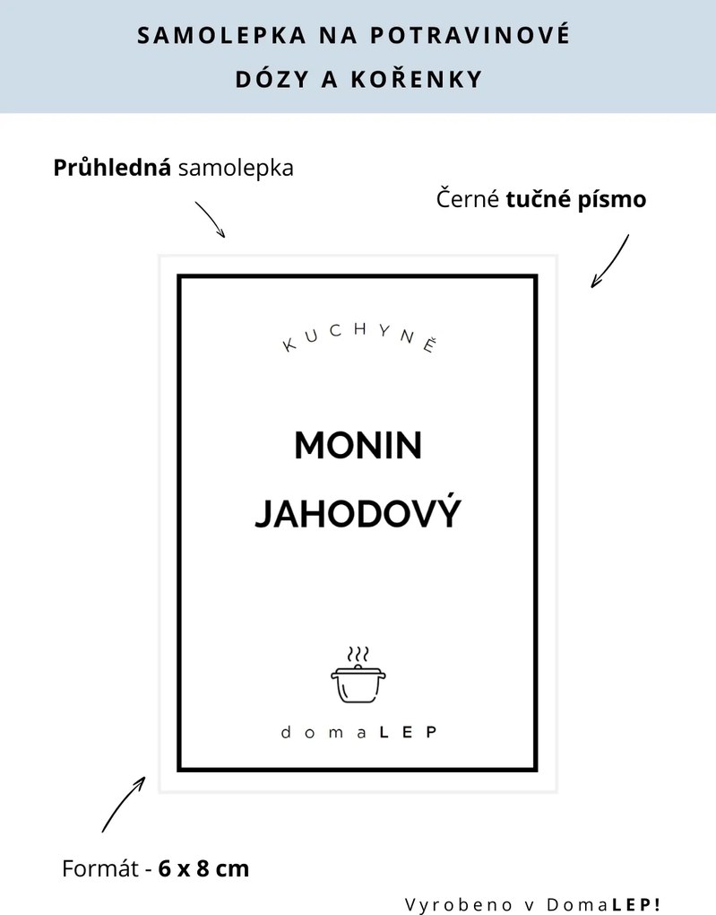 Samolepka na láhev MONIN JAHODOVÝ 6 x 8 cm – průhledná vinylová, voděodolná, omyvatelná samolepka na dózy, tučné písmo