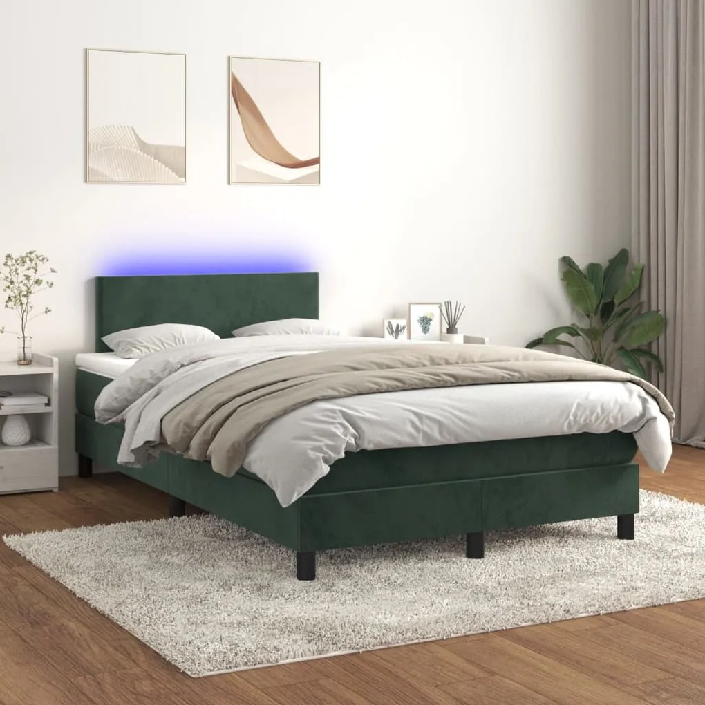 Box spring postel s matrací a LED tmavě zelená 120x200 cm samet 3134276