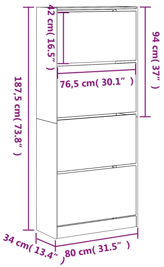 Botník se 4 výklopnými zásuvkami šedý sonoma 80 x 34 x 187,5 cm - Default Title