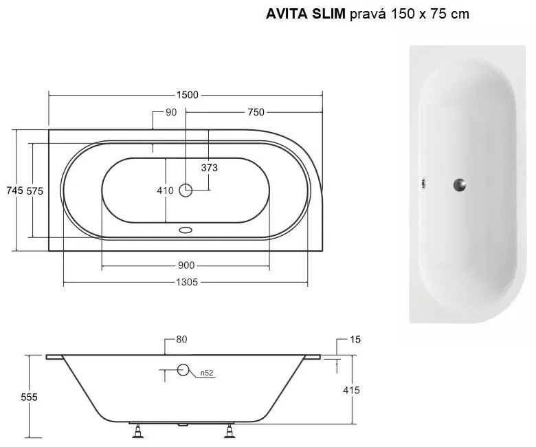 BESCO Asymetrická vana AVITA SLIM Nožičky k vaně - S nožičkami, Rozměr vany - 180 × 80 cm, Způsob provedení - Pravé VANAVIT180SLIMP+OLVPINOZSTELWD