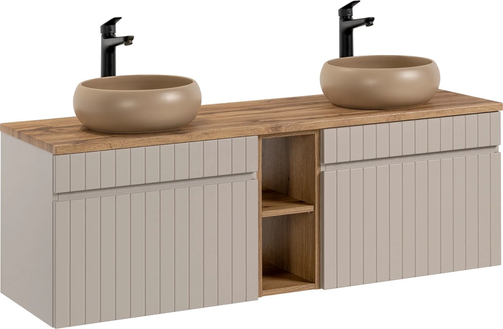 Comad Koupelnová skříňka s deskovými umyvadly set Iconic Cashmere 140 kašmír/dub coast evok