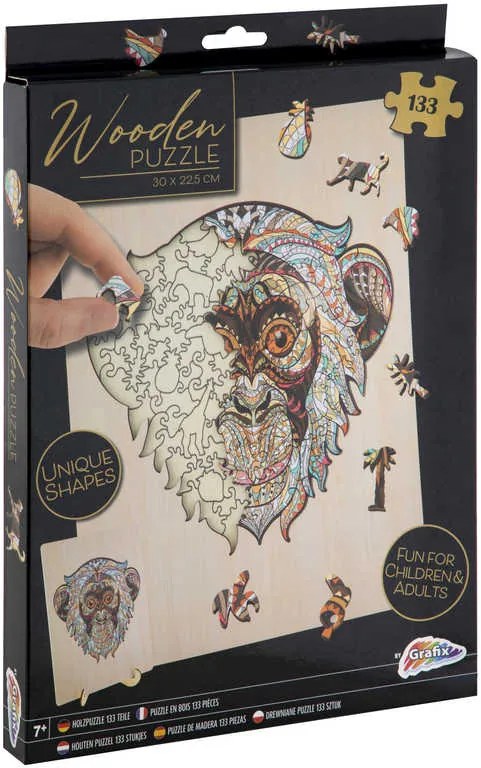 _Ostatní 1_ DŘEVO Puzzle obrysové na desce Opice 133 dílků set skládačka se stojánkem 400073rms