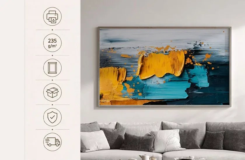 Zlatý kontrast - obraz - Moderní abstrakce s tyrkysovou energií 35A - 50 x 70 cm - 649 Kč