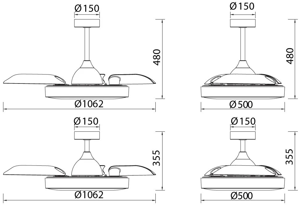 Mantra Coin, rozvinovací ventilátor se svítidlem a dálk. ovladačem, LED 60W 2700-5000K, černá, průměr 50/106cm