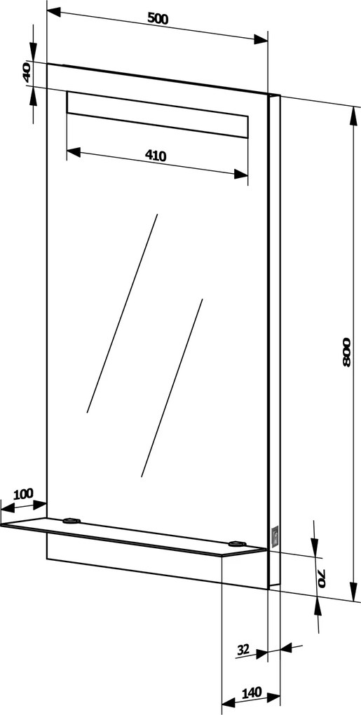 Aqualine, LED podsvícené zrcadlo 50x80cm, skleněná police, knoflíkový vypínač, ATH52