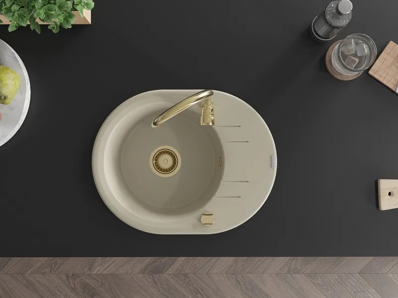 Mexen Kevin, granitový dřez 586x458x190 mm, 1-komorový, béžová se zlatým sifonem, 6517581005-69-G