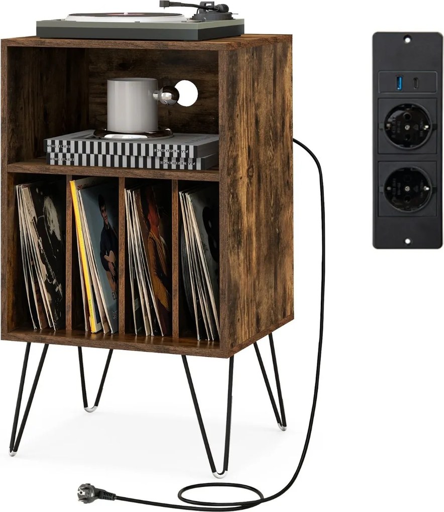 Costway Stojan na gramofon s nabíjecí stanicí 3 Stojan na gramofonové desky