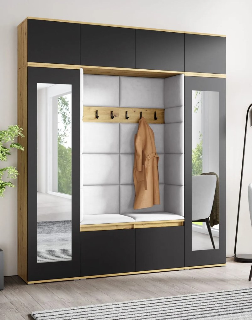 Sestava nábytku do předsíně Emi 32 se zrcadly a čalouněnými panely – barva dub artisan/černá