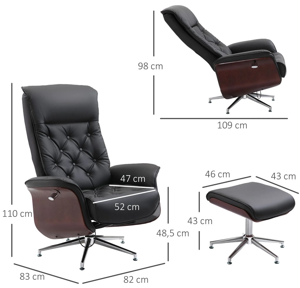 HOMCOM Relaxační křeslo s taburetem Otočné o 360° Naklápěcí o 145° Čalouněné křeslo Chesterfield Potah PU Dřevěné obložení Kovová základna 82x83x110c…