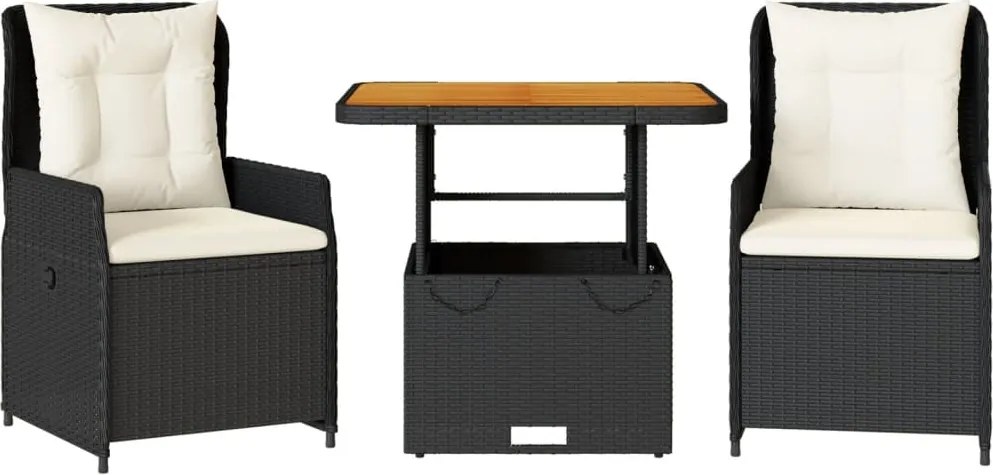 3dílný bistro set s poduškami černý polyratan 3262765