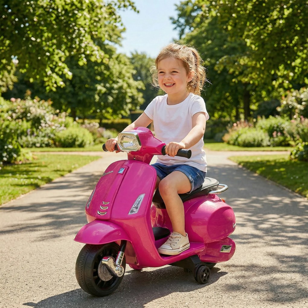 AIYAPLAY Elektrická dětská motorka Vespa 6V s pomocnými kolečky, světlometem a houkačkou pro 2–4 roky 71 x 37 x 52 cm, růžová