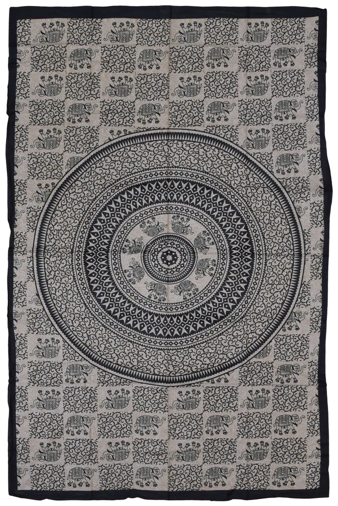 Sanu Babu Přehoz s tiskem, Mandala, sloni, béžový, černý tisk, 140x202cm