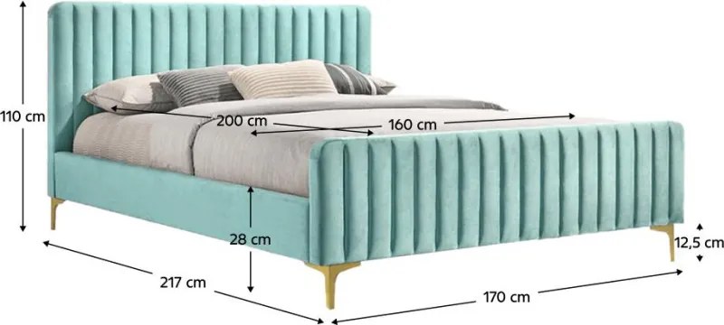 Čalouněná postel KAISA 160x200, mentolová Velvet / zlatý chrom Kondela 0000276371