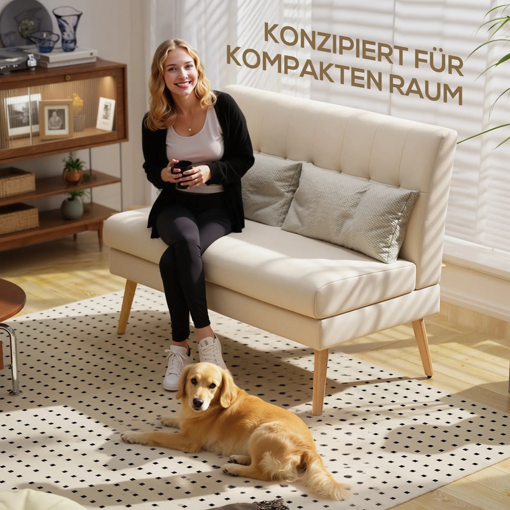 HOMCOM 2místná pohovka, čalouněné opěradlo s knoflíky, dřevěné nohy, silné čalounění, vzhled lnu, pro malé prostory, béžová