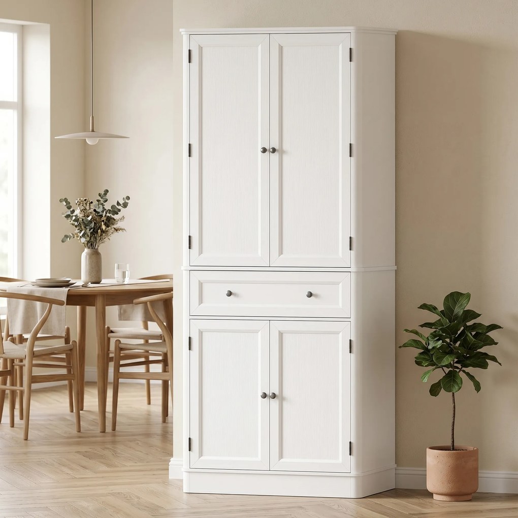 HOMCOM 186,4 cm vysoká kuchyňská skříň se čtyřmi dvířky, zásuvkou a nastavitelnými policemi, bílá – 80 x 39,5 x 186,4 cm