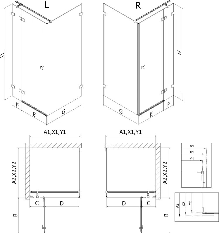 Mexen Lunar T, sklápěcí sprchový kout levý 120 x 120 cm, 8mm čiré sklo, zlatý kartáčovaný - 834T-120-120-55-00-L