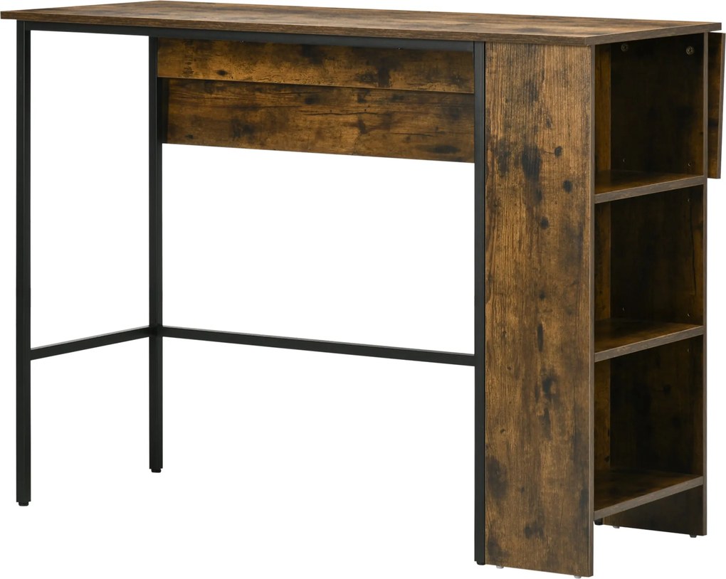 HOMCOM Barový Stůl se Skladem Bistro Stůl Centrální Ostrov Skládací Boční Deska a 3 Polic - 120 x 76 x 91,4 cm Rustikální Hnědá