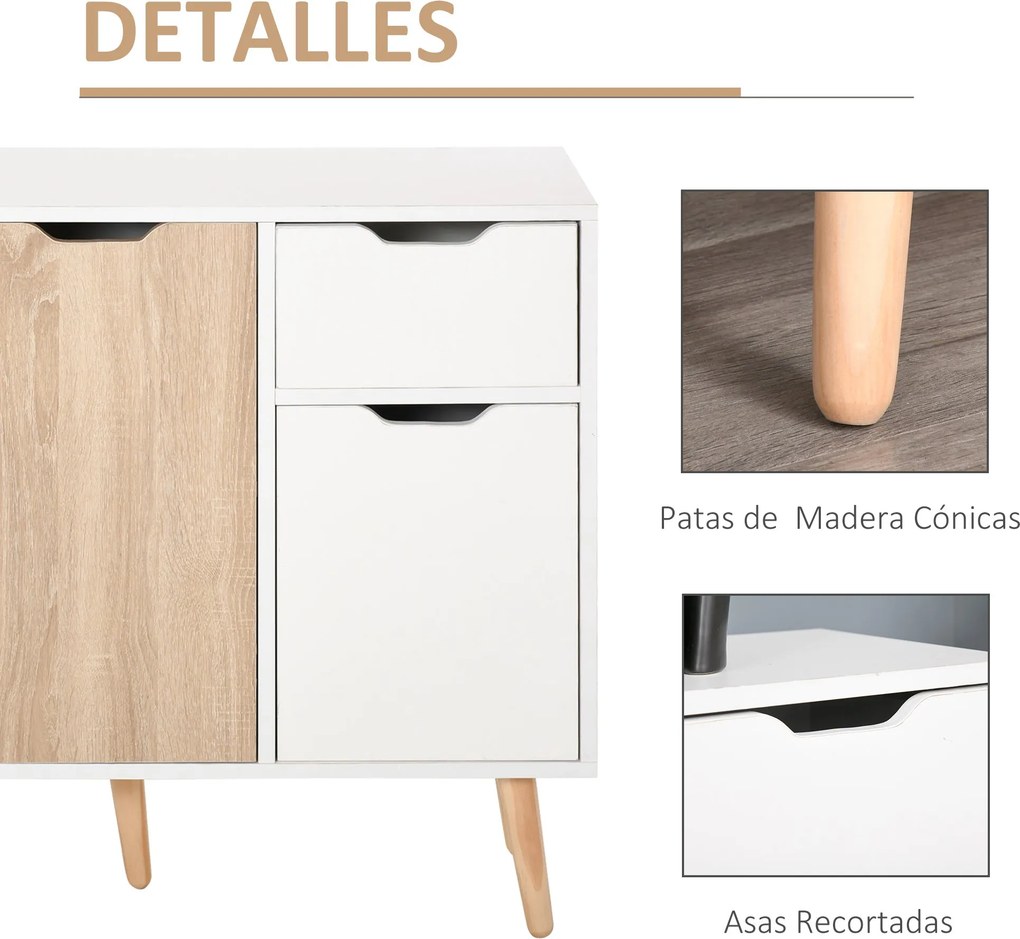 HOMCOM Moderní komoda se 3 dvířky a zásuvkou 90x30x72 cm Bílá a přírodní dřevo
