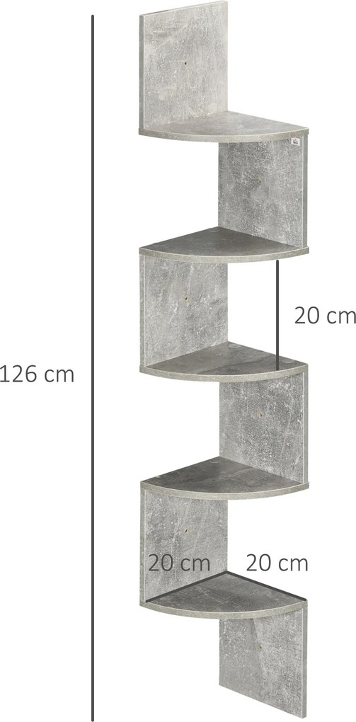 HOMCOM Stěnná rohová polička v zigzag designu 20Š x 20H x 126V cm, 5 úrovní, dřevo, šedá