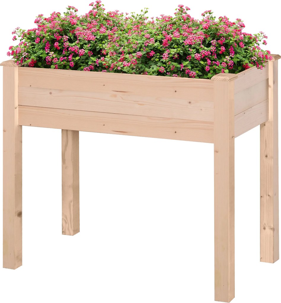 Outsunny Vyvýšená Městská Zahrada Přírodní Dřevo 86x46x76 cm Vyvýšený Stůl na Výsadbu s Netkanou Textilií a 4 Odpady pro Výsadbu Květin na Zahradní Te