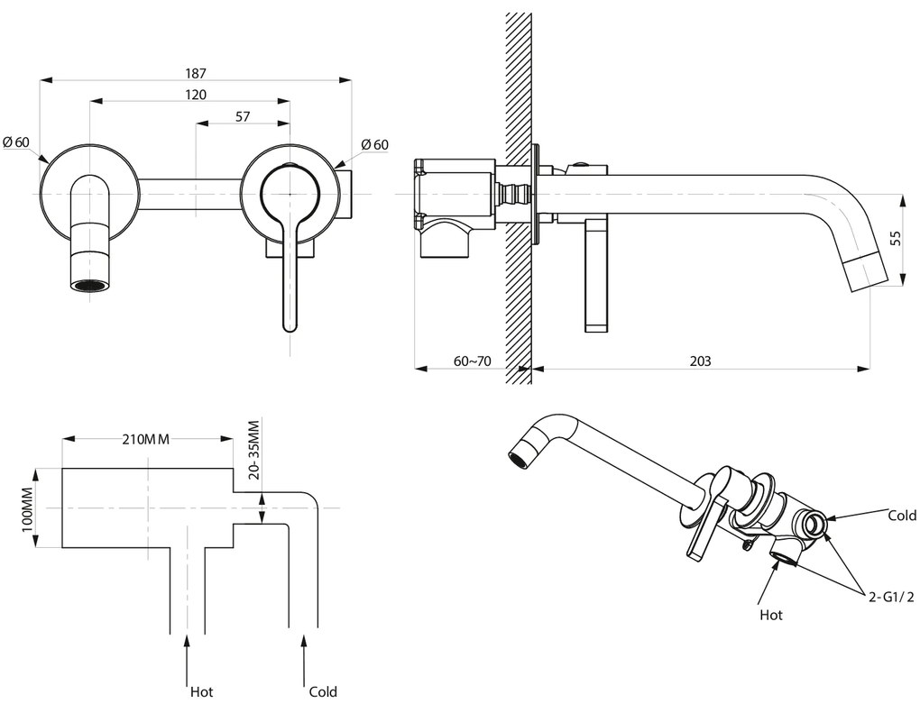 Sapho Sapho, ICONIC podomítková dvouprvková umyvadlová baterie, chrom, AF008