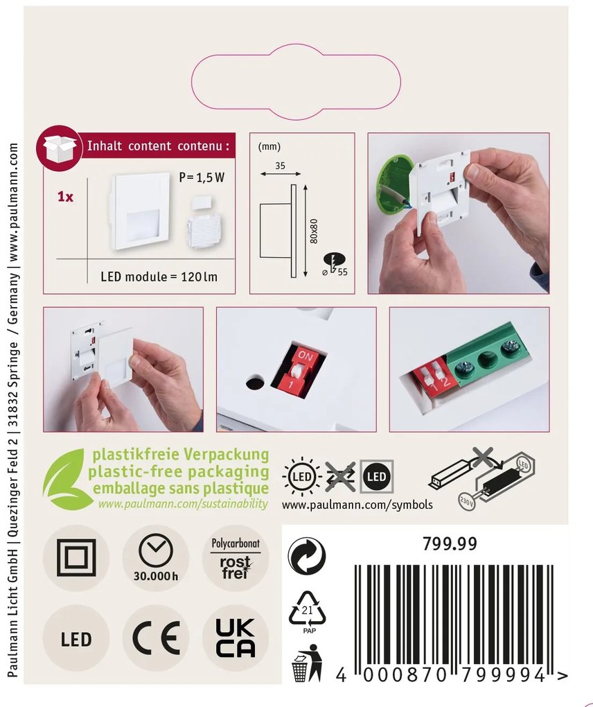 Paulmann 79999 Tsaro follower, svítidlo do stěny, 1W LED 2700K, matná bílá, 8x8cm