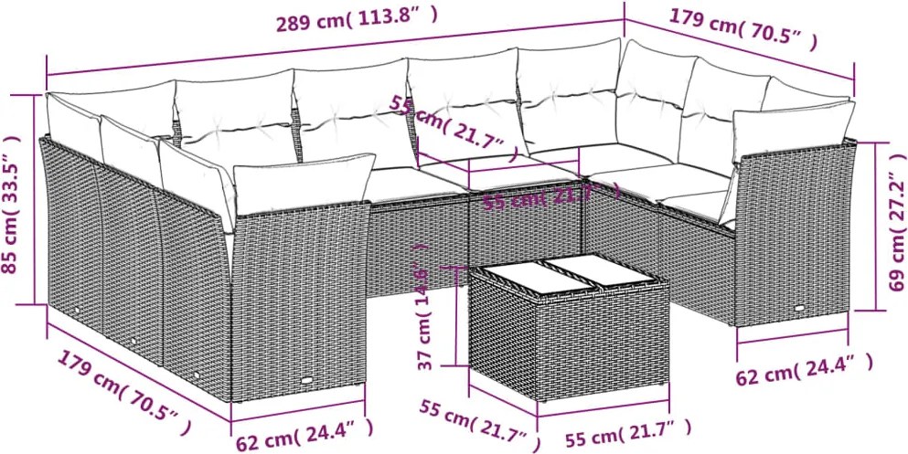 10dílná zahradní sedací souprava s poduškami černá polyratan 3249974