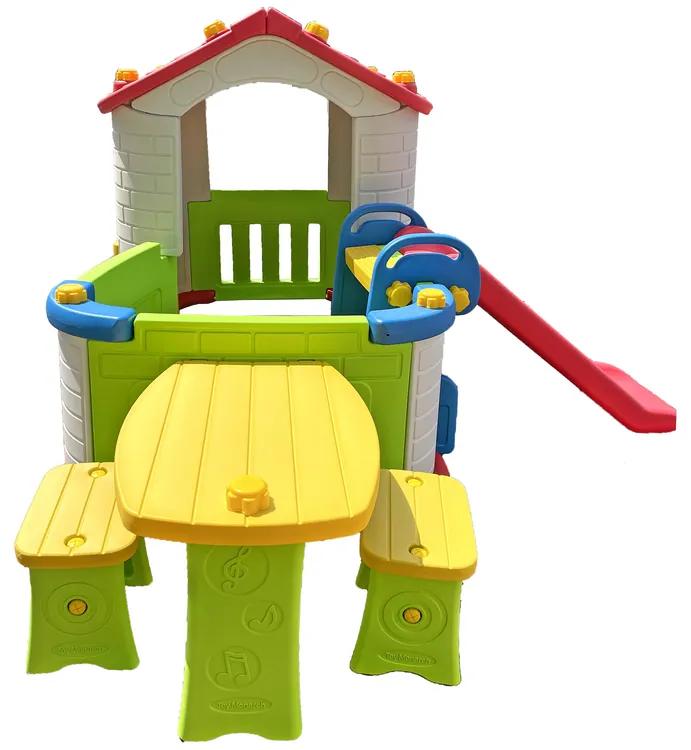 Dětský zahradní domeček se skluzavkou a stolečkem