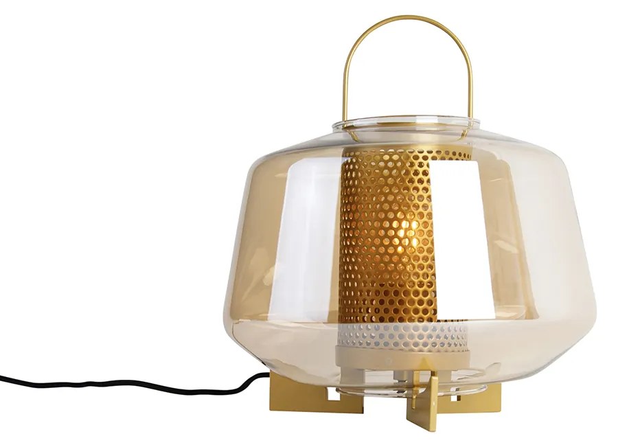 Stolní lampa v art deco stylu zlatá s jantarovým sklem 30 cm - Kevin