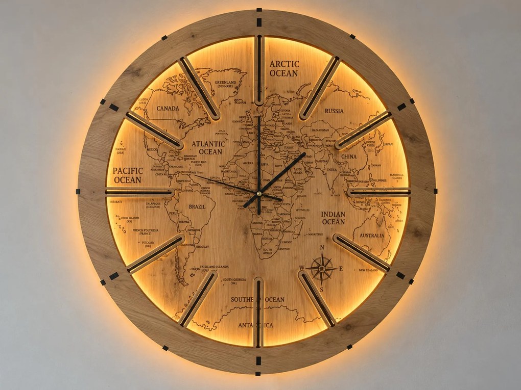 Li-Go "Mapa světa" světelné hodiny 230V 70 cm/dub světlý