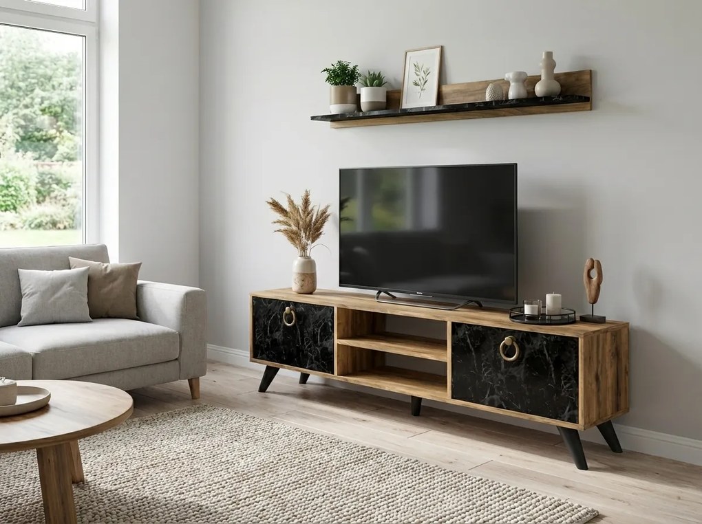TV stolek ZEN 160 cm s nástěnnou policí, dekor ořech/černý mramor