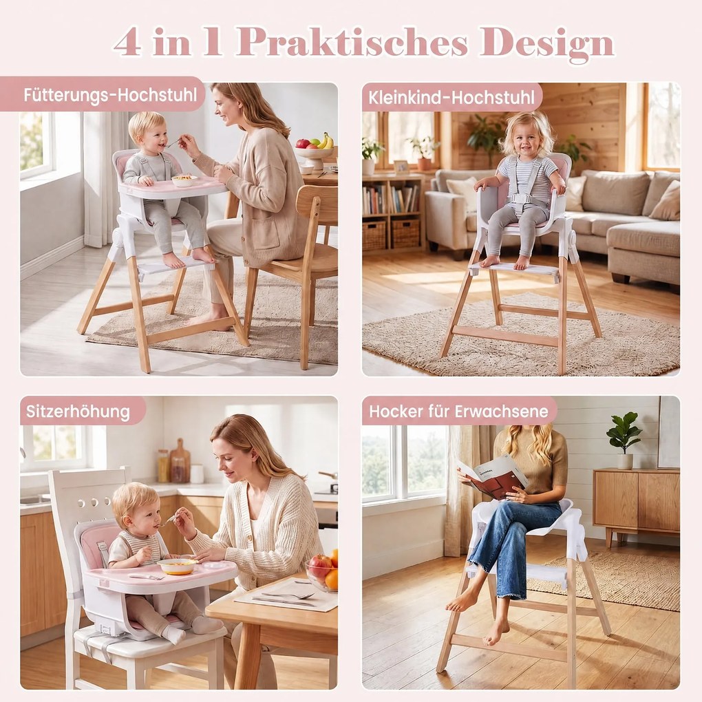 Costway Vysoká stolička baby 4 v 1 dětská vysoká židle skládací – růžový