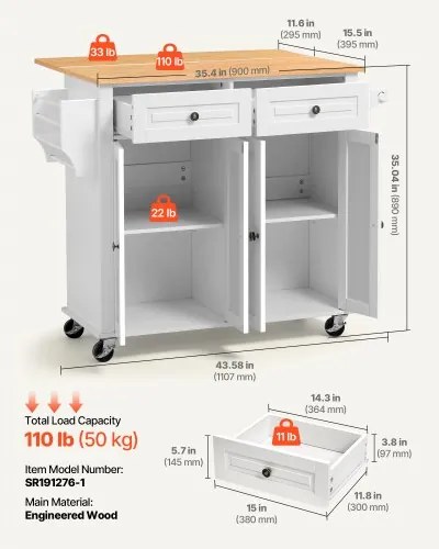 Kuchyňský ostrůvek s úložným prostorem, Se 2 zásuvkami VEVOR – 900 × 395 × 15 mm