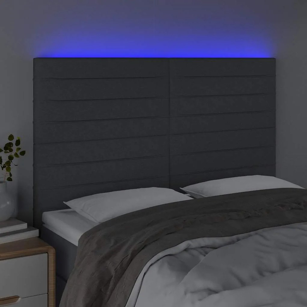 Čelo postele s LED tmavě šedé 144x5x118/128 cm textil 3122563