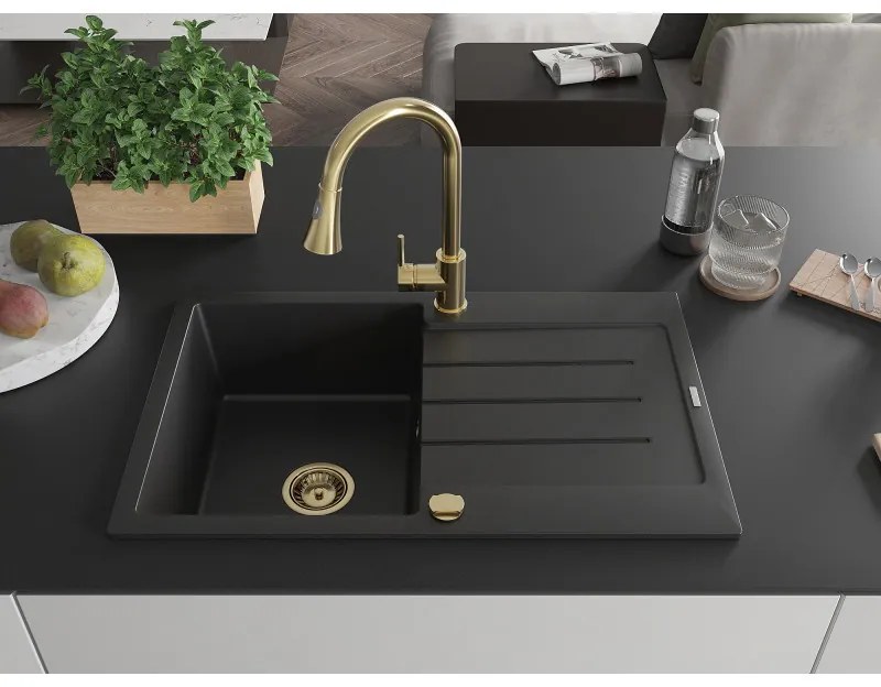 Mexen Bruno, 1-komorový granitový dřez 795x495x200 mm a dřezová baterie Elia, černá, 6513-77-670101-50