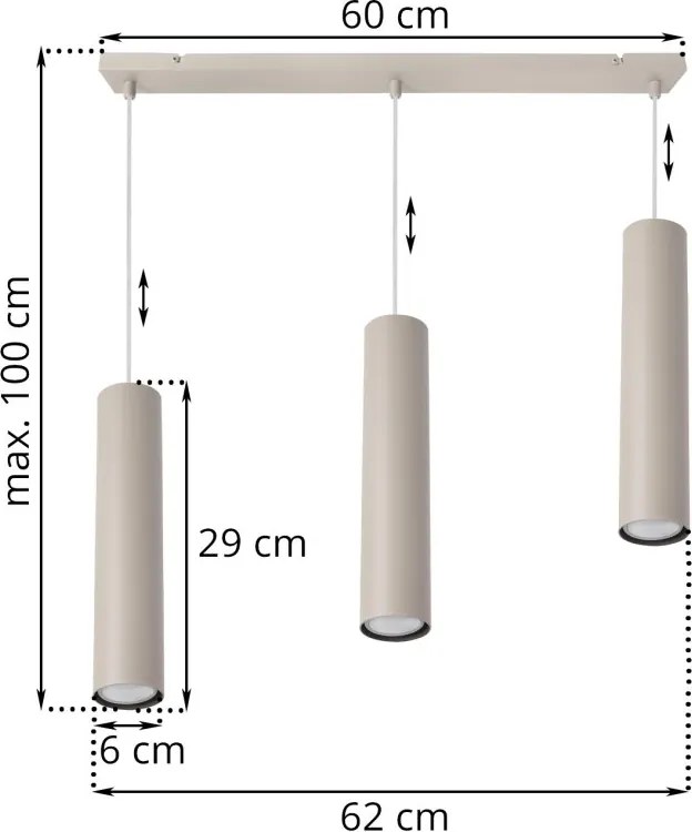 Závěsné svítidlo Tuba, 3x béžové kovové stínítko