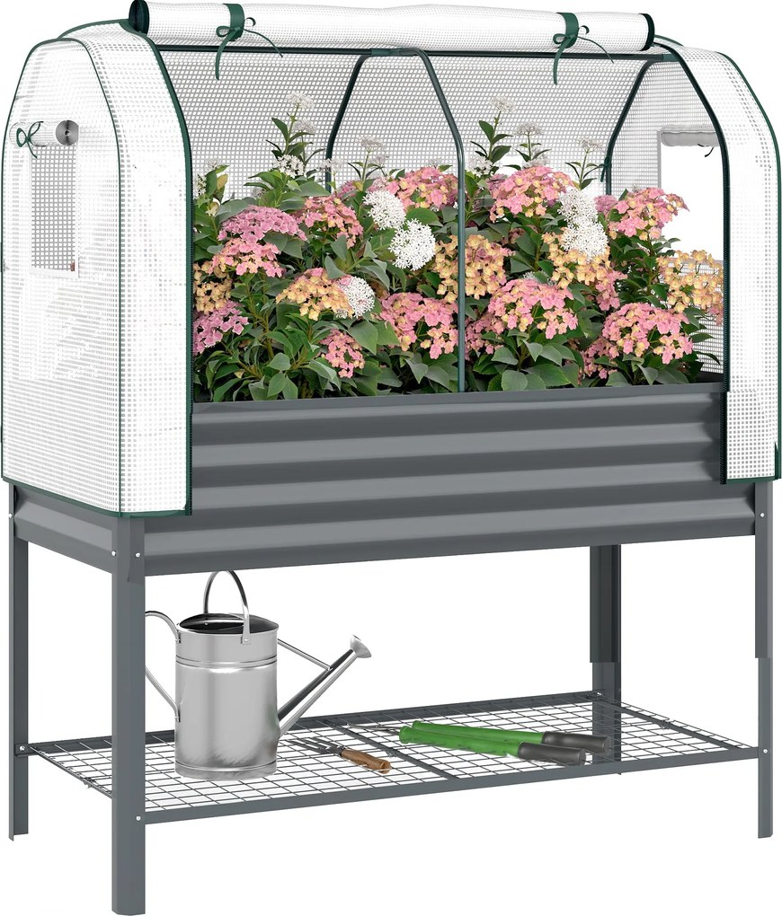 Outsunny vyvýšený záhon s PE krytem — pozinkovaný kovový květináč s výstelkou a spodní policí, 167 l, 120 × 55 × 140 cm, tmavě šedý | Aosom