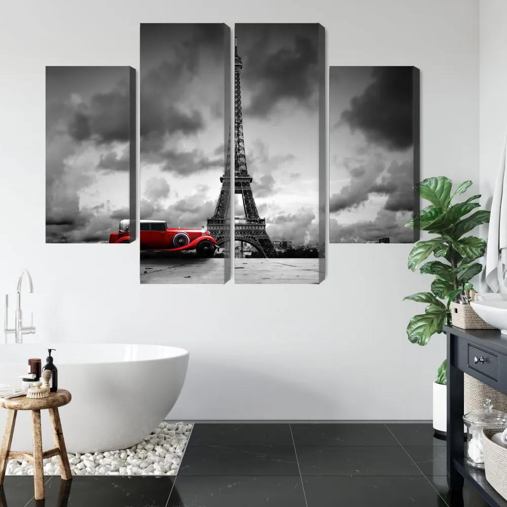 Vícedílný obraz Černobílý Pohled Na Eiffelovu Věž A Retro Auto Nedostatek Nedostatek Plátno Canvas 200x150
