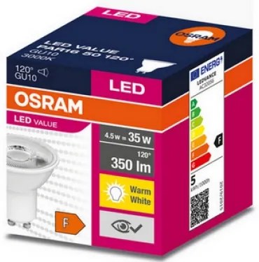LED žárovka GU10 PAR16 OSRAM VALUE 4,5W (35W) teplá bílá (3000K), reflektor 120°