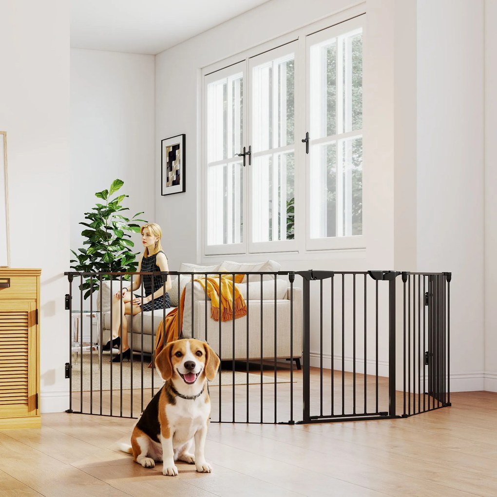 PawHut 2 v 1 výběh pro štěňata 5-TLG Skládací ohrádka s dvířky pro malé a střední psy, DIY ohrádka pro štěňata 300 x 74,5 cm kovová černá