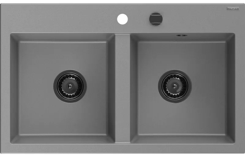 Mexen Hektor, 2-komorový granitový dřez 800x480x205 mm, šedá, grafitový sifon, 6521802000-71-B