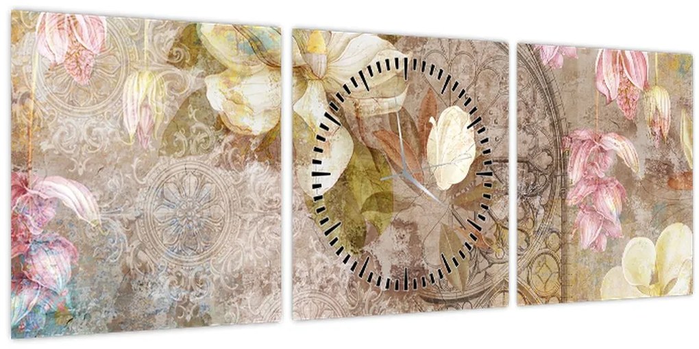Obraz - Květinový ornament (s hodinami) (90x30 cm)