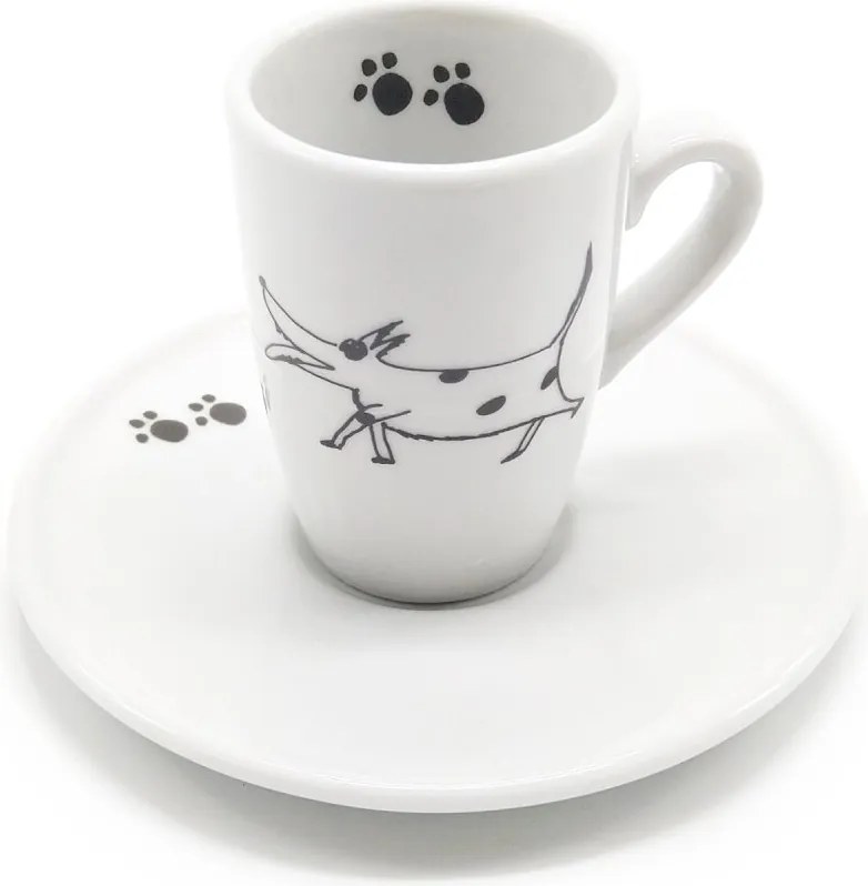 Porcelánový espresso šálek Běžící pes s podšálkem, 130 ml – ručně kreslená perokresba