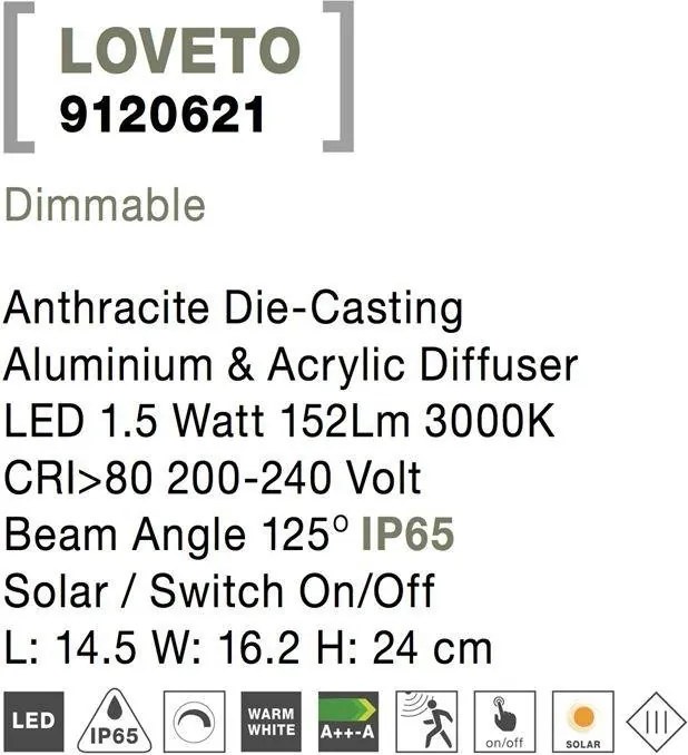 NV 9120621 Venkovní nástěnné svítidlo LOVETO antracitový hliník a akrylový difuzor LED 1.5W 3000K 3.7V 125st. IP65 solární / vypínač na těle / pohybový senzor - NOVA LUCE