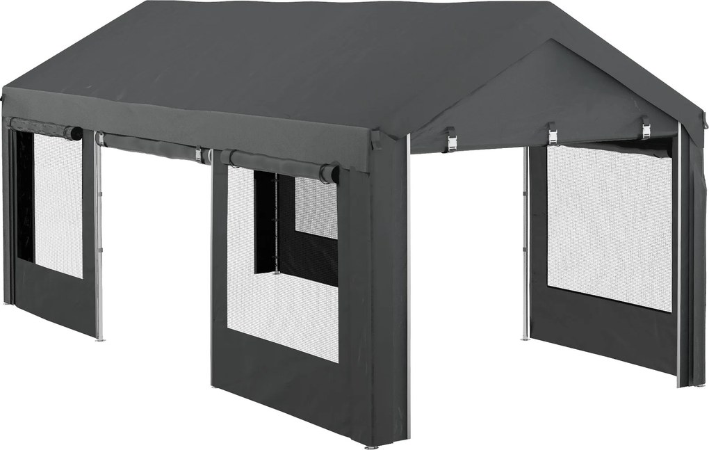 Outsunny Carport, přibližně 6 x 3 m party stan, nastavitelná výška garáže pro auto, přístřešek s 4 síťovanými okny a 4 dveřmi, pro auto a dodávku, oce