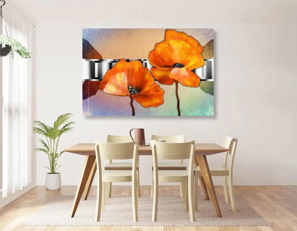 Obraz oranžové květy máku v orientálním stylu - 120x80 cm