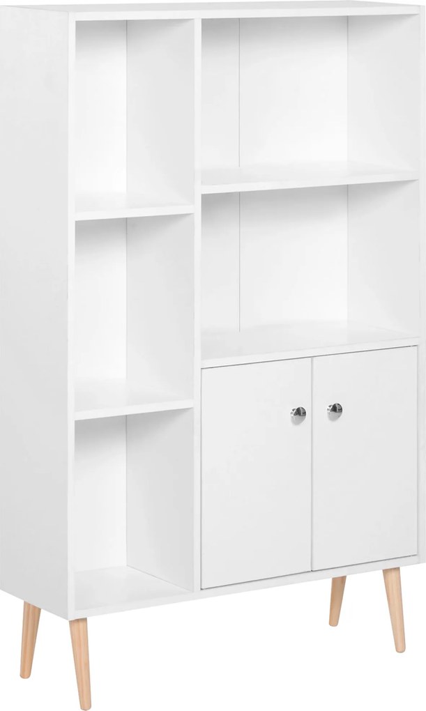 HOMCOM Skandinávská Knihovna s Úložným Prostorem, rozměry 80 Š x 23,5 H x 123 V cm, 5 nik, skříňka, 2 dveře, zúžené nohy z masivního borovicového dře…